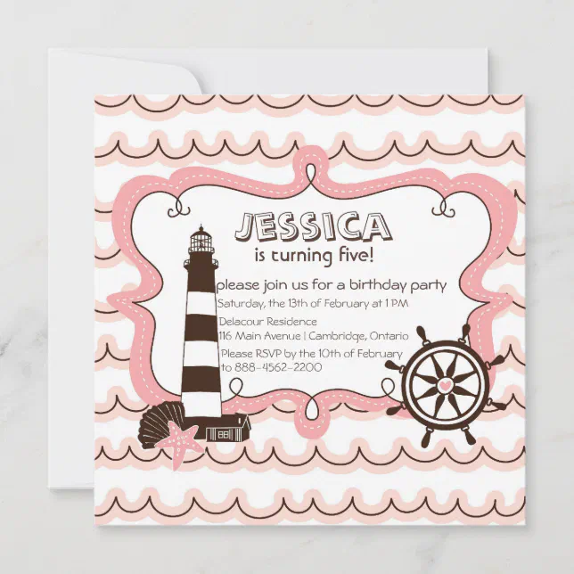 Pink Nautical Lighthouse Birthday Invitation | Zazzle