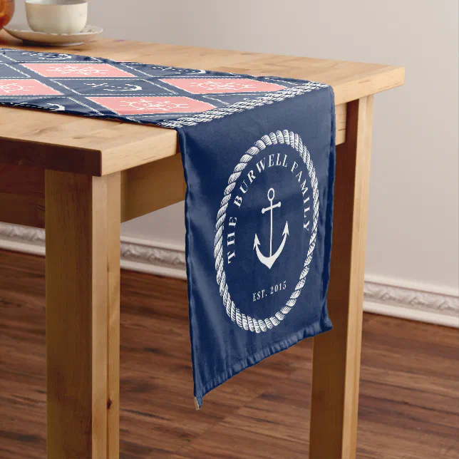 Pink Navy Anchor Ship's Wheel Pattern Add Name Short Table Runner | Zazzle