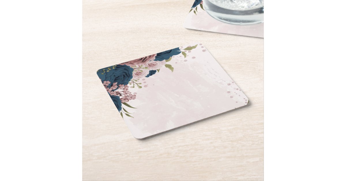 pink navy blue flowers botanical wedding square paper coaster | Zazzle