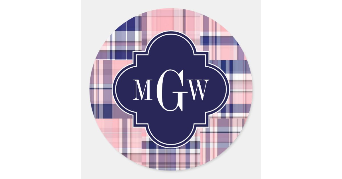Pink, Navy Blue Preppy Patchwork Madras Monogram Classic Round Sticker ...