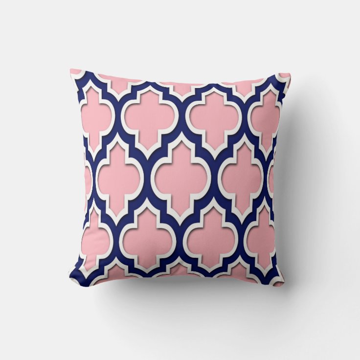 Pink, Navy Blue White Moroccan Quatrefoil #4DS Throw Pillow | Zazzle