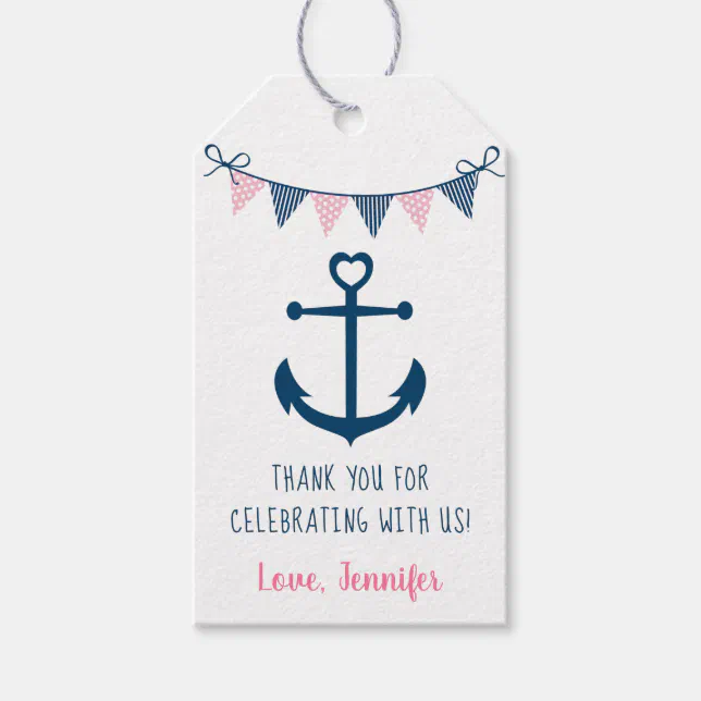 Pink Navy Girl Nautical Anchor Baby Shower Gift Tags | Zazzle