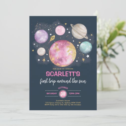 Pink Navy Gold Outer Space Galaxy Girl Birthday Invitation Zazzle
