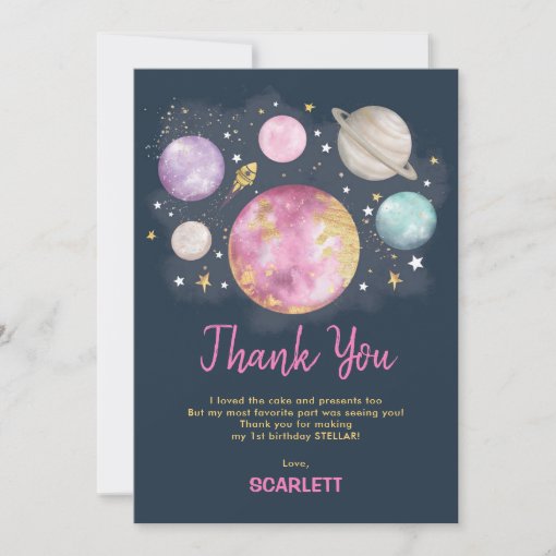 Pink Navy Gold Outer Space Galaxy Girl Birthday Thank You Card | Zazzle