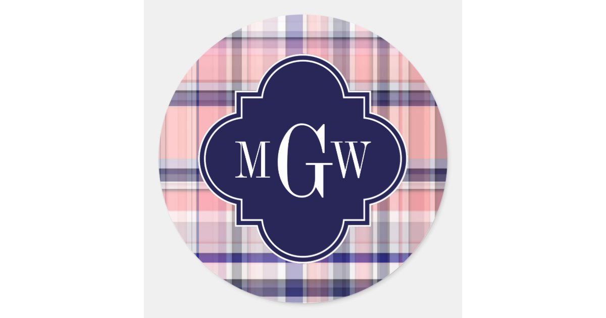 Pink Navy White Preppy Madras Quatrefoil Monogram Classic Round Sticker ...