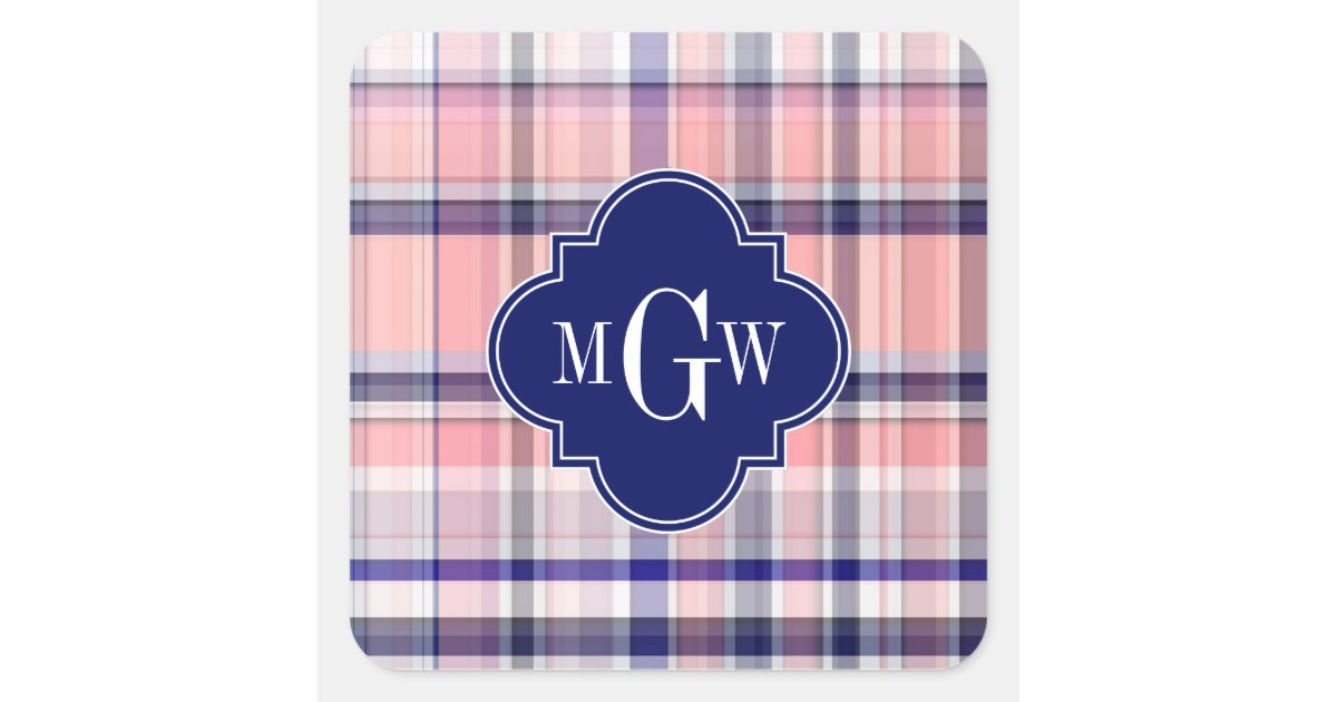 Pink Navy White Preppy Madras Quatrefoil Monogram Square Sticker | Zazzle