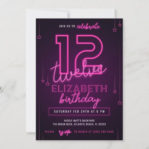 Pink Neon 12th Birthday Party Let's Glow Crazy Invitation | Zazzle
