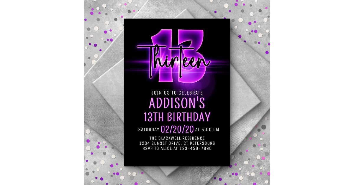 Pink Neon 13th Birthday Invitation | Zazzle