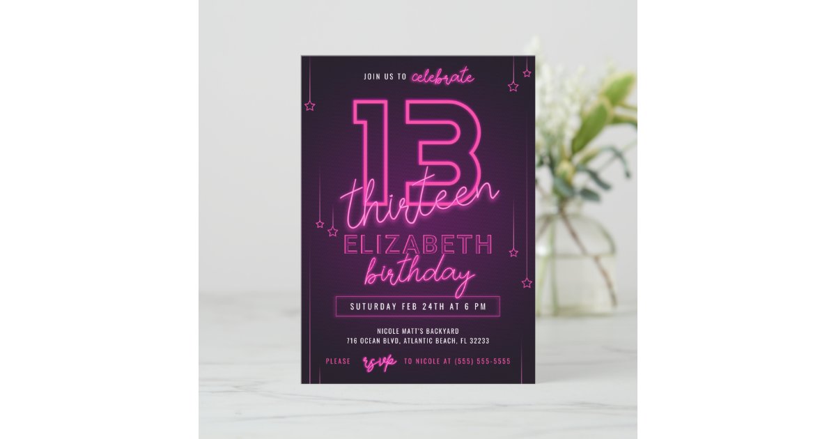 Pink Neon 13th Birthday Party Let's Glow Crazy Invitation | Zazzle