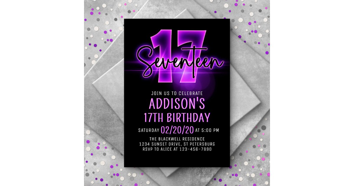 Pink Neon 17th Birthday Invitation | Zazzle