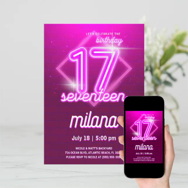 Pink Neon 17th Birthday Party Invitation Card | Zazzle