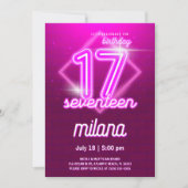Pink Neon 17th Birthday Party Invitation Card | Zazzle