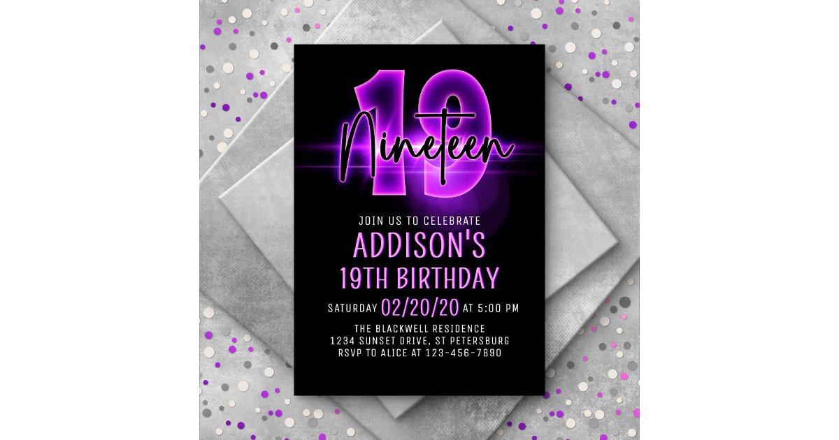 Pink Neon 19th Birthday Invitation | Zazzle