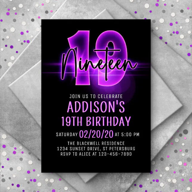 Pink Neon 19th Birthday Invitation | Zazzle