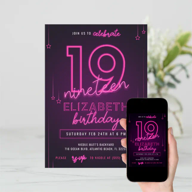 Pink Neon 19th Birthday Party Let's Glow Crazy Invitation | Zazzle