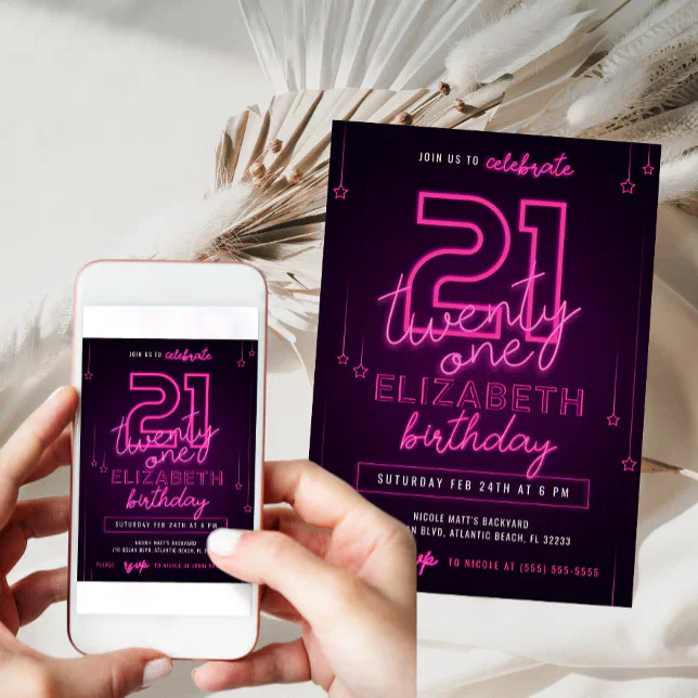 Pink Neon 21st Birthday Party Let's Glow Crazy Invitation | Zazzle