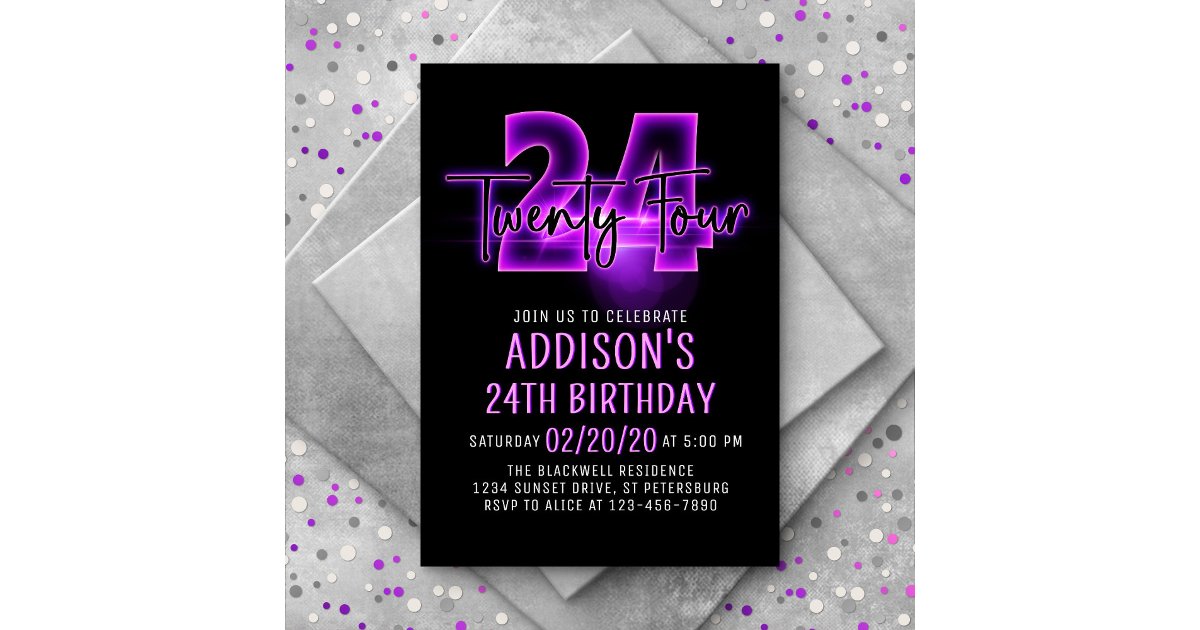 Pink Neon 24th Birthday Invitation | Zazzle