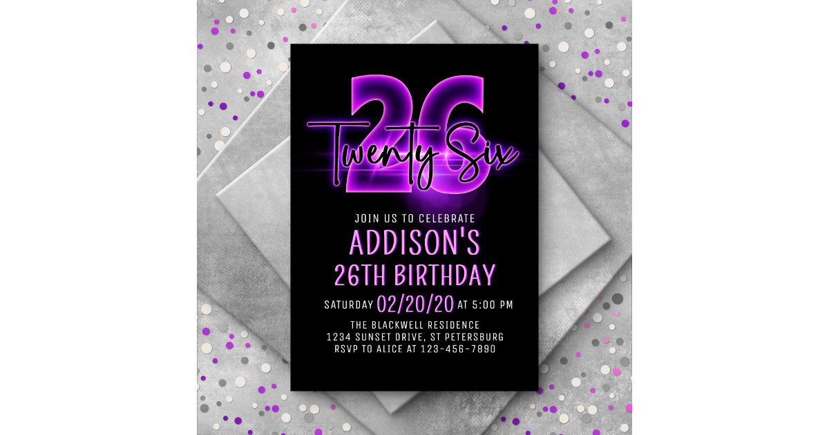Pink Neon 26th Birthday Invitation | Zazzle