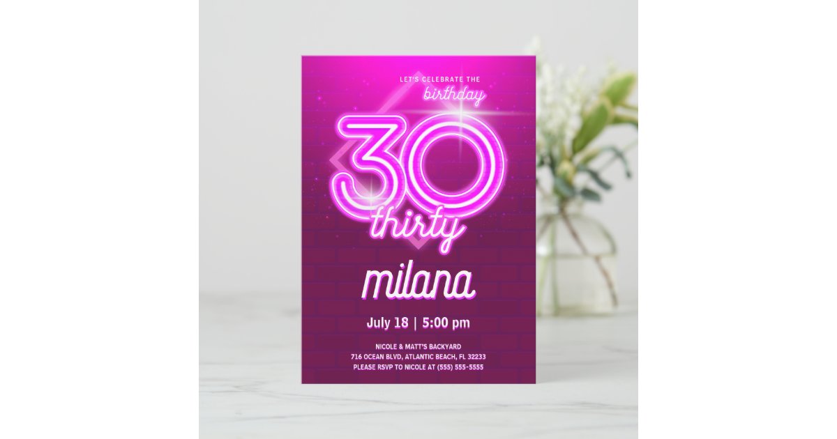 Pink Neon 30th Birthday Party Invitation Card | Zazzle