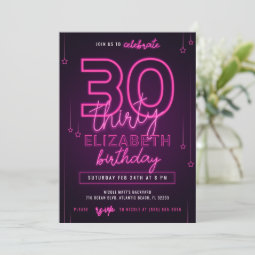 Pink Neon 30th Birthday Party Let's Glow Crazy Invitation | Zazzle