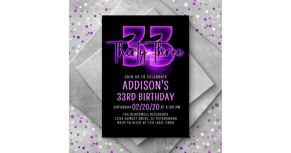 Pink Neon 33rd Birthday Invitation | Zazzle