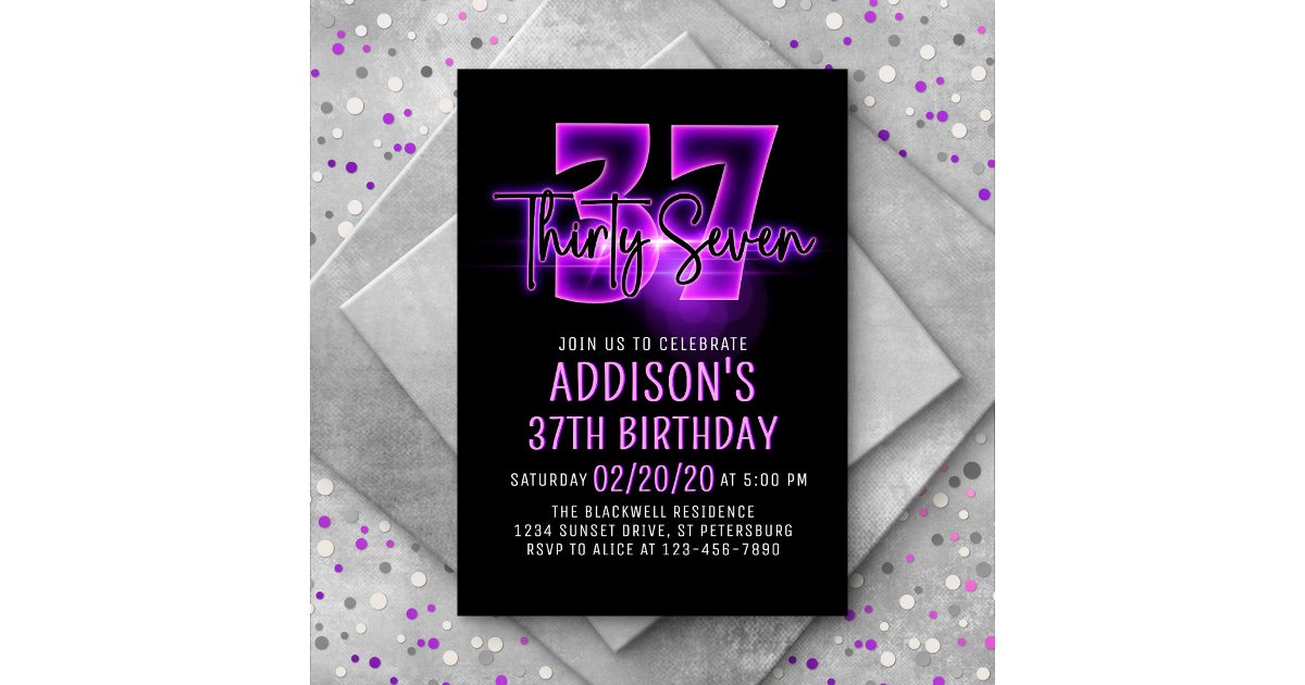 Pink Neon 37th Birthday Invitation | Zazzle