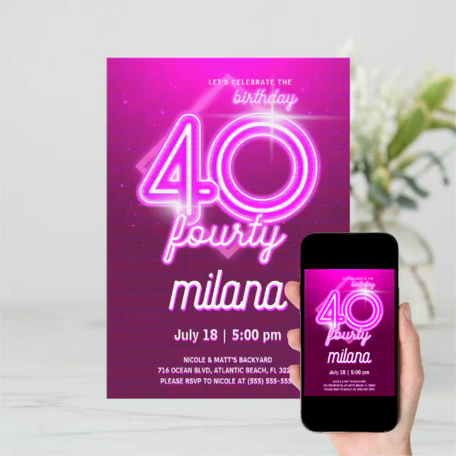 Pink Neon 40th Birthday Party Invitation Card | Zazzle