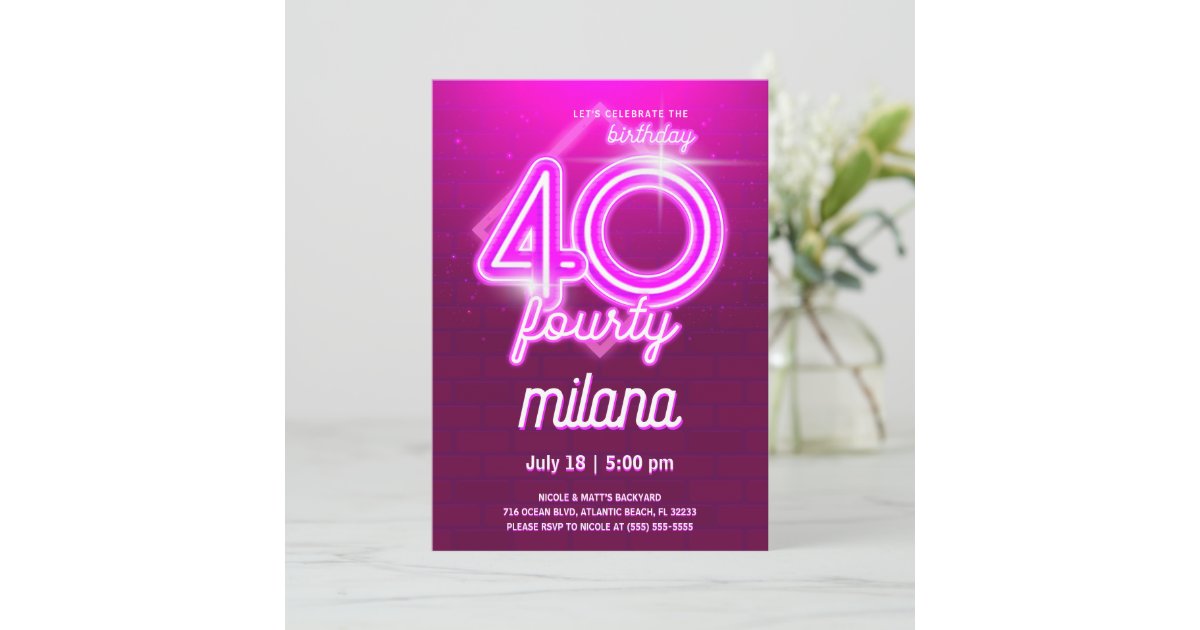 Pink Neon 40th Birthday Party Invitation Card | Zazzle