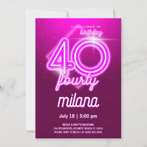 Pink Neon 40th Birthday Party Invitation Card | Zazzle