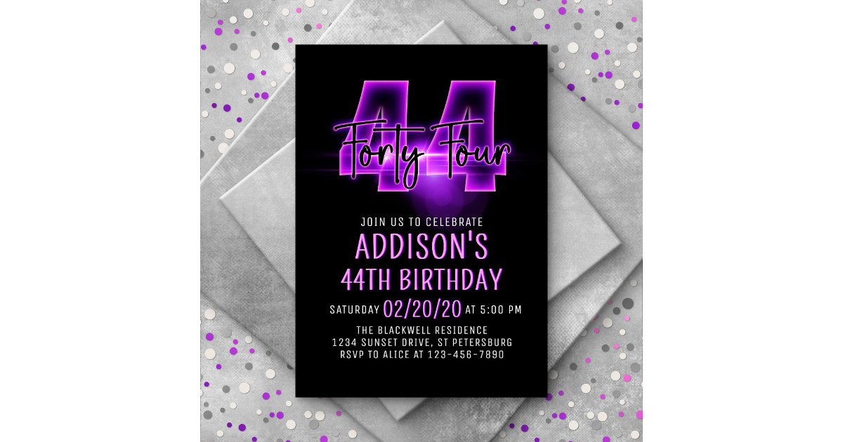 Pink Neon 44th Birthday Invitation | Zazzle