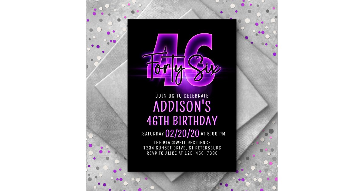 Pink Neon 46th Birthday Invitation | Zazzle