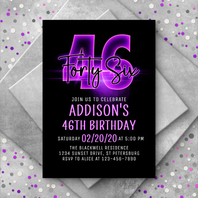 Pink Neon 46th Birthday Invitation | Zazzle