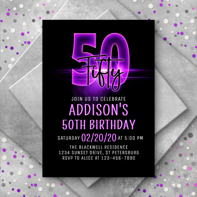 Pink Neon 50th Birthday Invitation | Zazzle