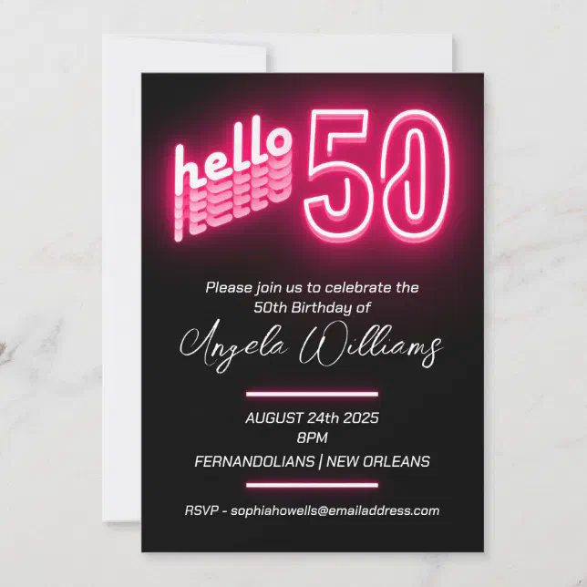 Pink Neon 50th Birthday Party Invitation | Zazzle