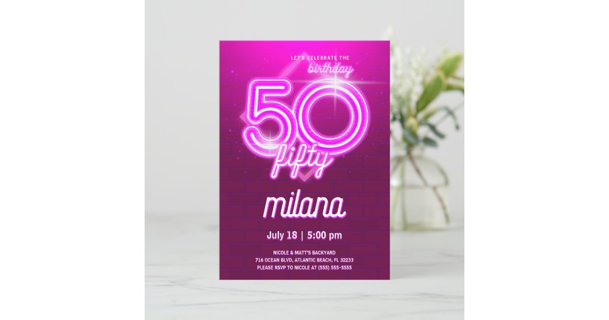 Pink Neon 50th Birthday Party Invitation Card | Zazzle