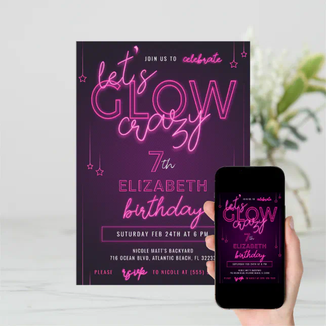 Pink Neon Birthday Party Let's Glow Crazy Invitation | Zazzle