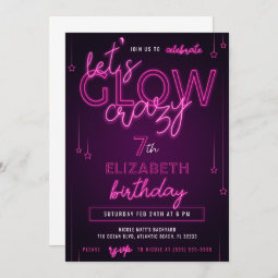 Pink Neon Birthday Party Let's Glow Crazy Invitation | Zazzle