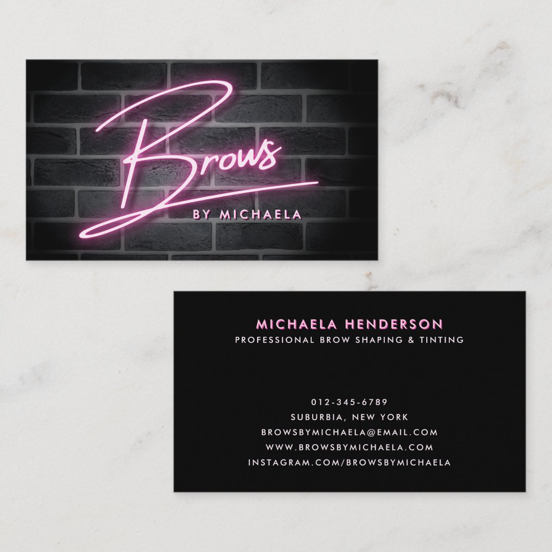 Pink Neon 'Brows' Sign On Brick Wall Business Card | Zazzle