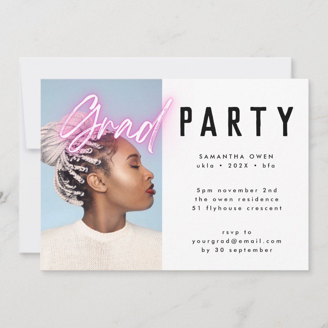 Pink Neon Elegant Ombre Grad Photo Party Invitation | Zazzle