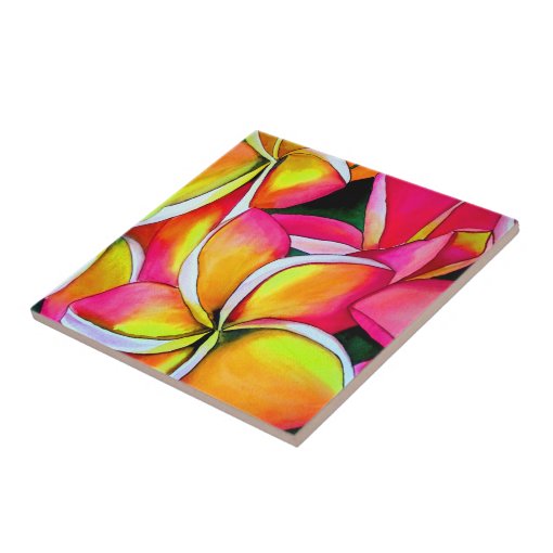Pink neon Frangipani Plumeria Beach art Ceramic Tile | Zazzle