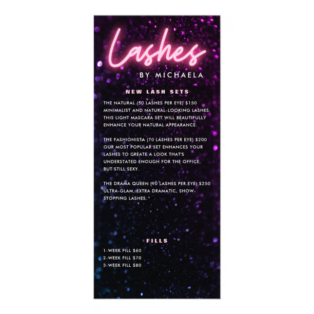 Pink Neon & Glitter Lash Extension Price List Rack Card | Zazzle