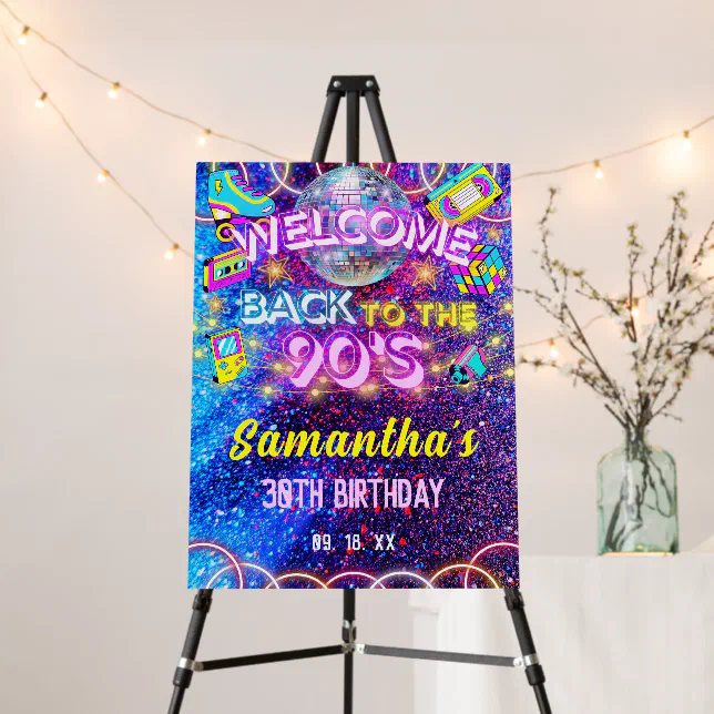 Pink Neon Glow Back To The 90s Birthday Welcome Foam Board | Zazzle