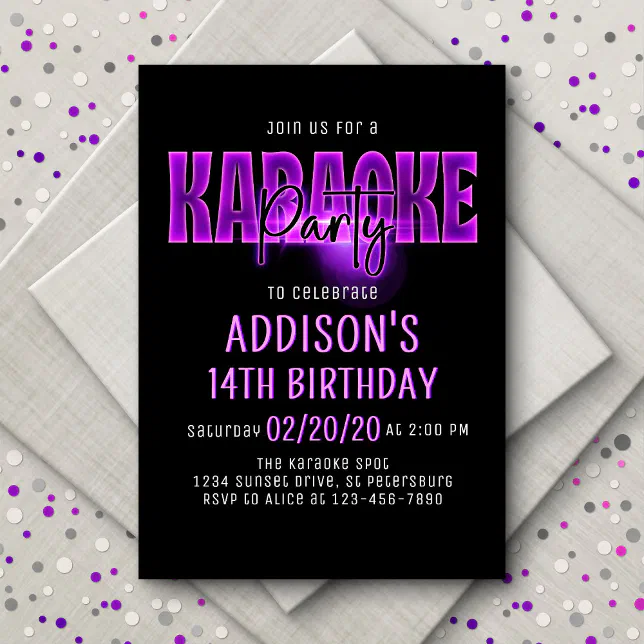 Pink Neon Karaoke Birthday Invitation | Zazzle