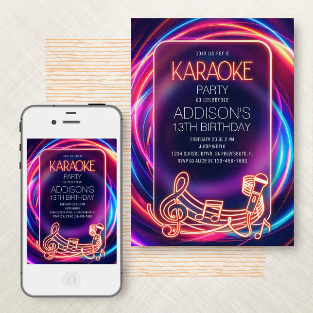 Pink Neon Karaoke Birthday Invitation | Zazzle