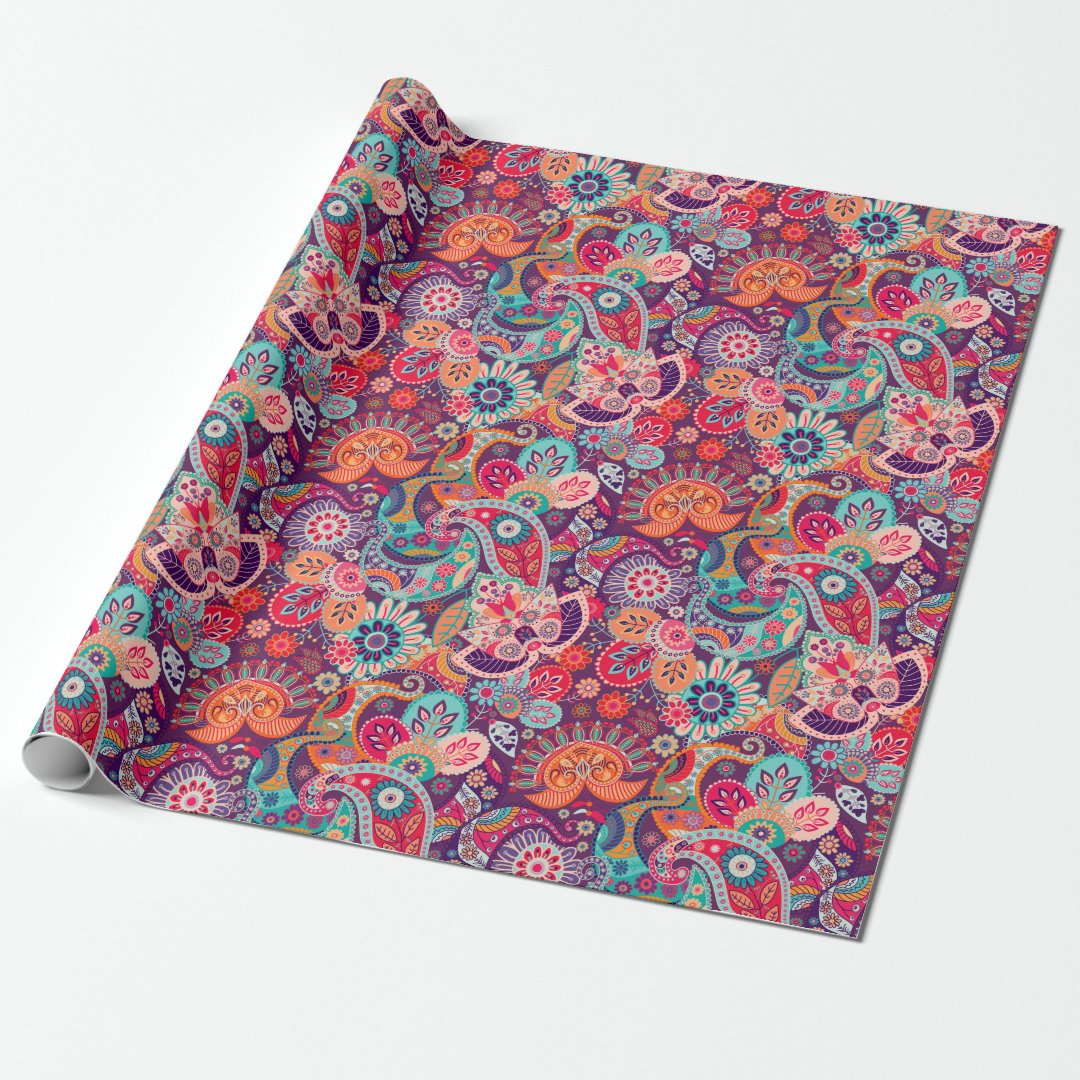 Pink neon Paisley floral pattern Wrapping Paper | Zazzle