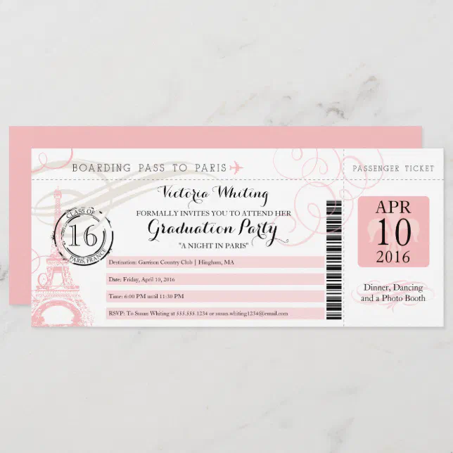 Pink Night in Paris Graduation Party Boarding Pass Invitation | Zazzle