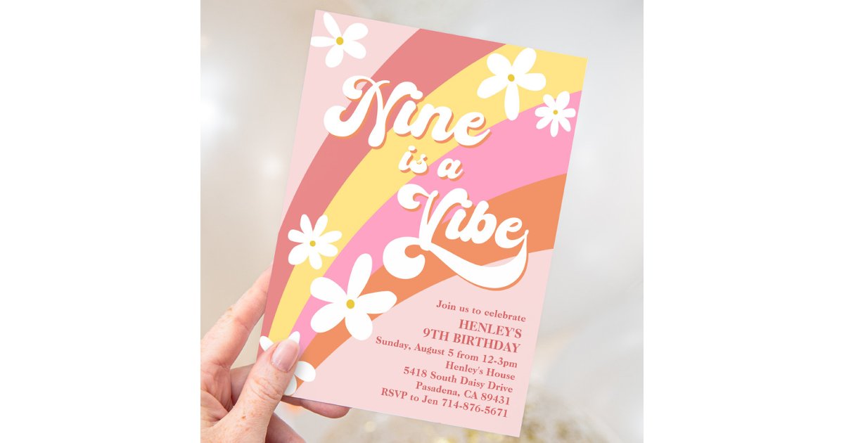 Pink Nine Is a Vibe Retro Daisy Rainbow Birthday Invitation | Zazzle