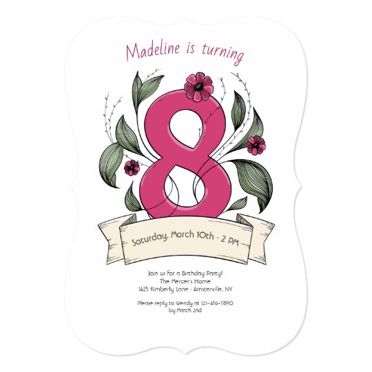 Pink Number 8 Birthday Party Invitation | Zazzle.com