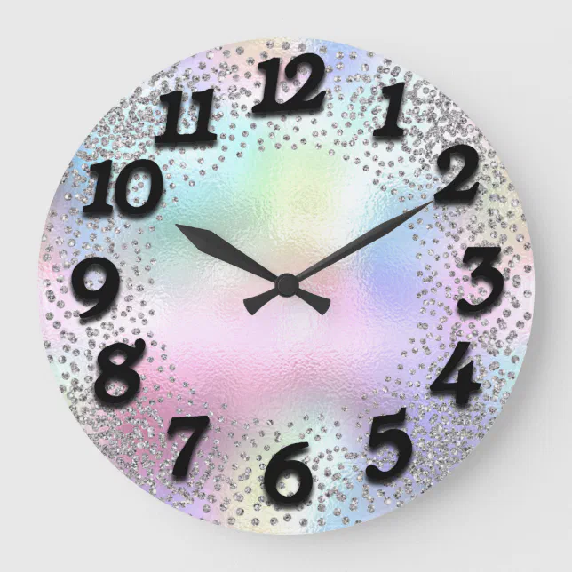 Pink Numbers Unicorn Glitter Holograph Black Large Clock | Zazzle