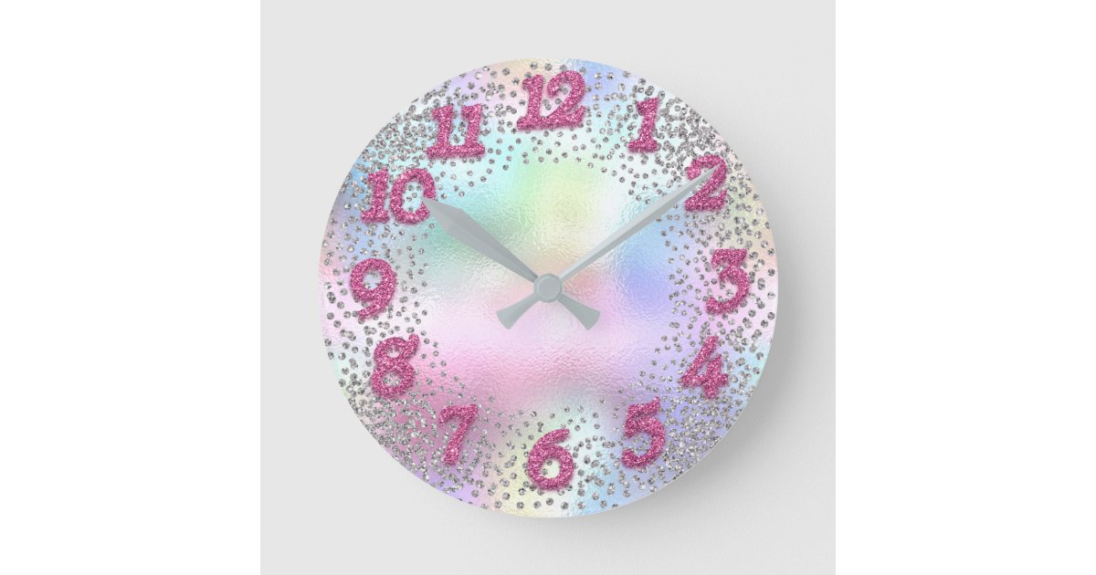Pink Numbers Unicorn Glitter Holograph Round Clock | Zazzle